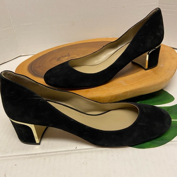 Ann Taylor | Shoes | Ann Taylor Suede Heels With Gold Accent Block ...